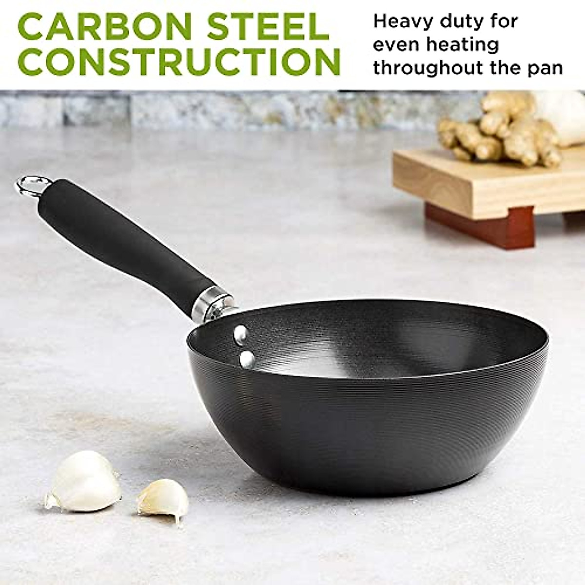 Ecolution Non-Stick Carbon Steel Wok with Soft Touch Riveted Handle, 8",Black