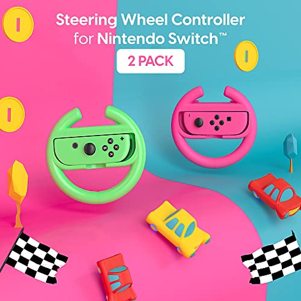 Talkworks Steering Wheel Controller for Nintendo Switch (2 Pack) - Racing Games Accessories Joy Con Controller Grip for Mario Kart, Pink/Neon Combo - Nintendo Switch