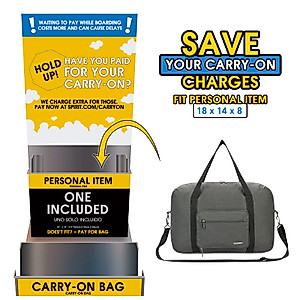 For Spirit Airlines Personal Item Bag 18x14x8 Foldable Travel Duffel Bag Tote Carry on Luggage for Women and Men (Grey (with Shoulder Strap))