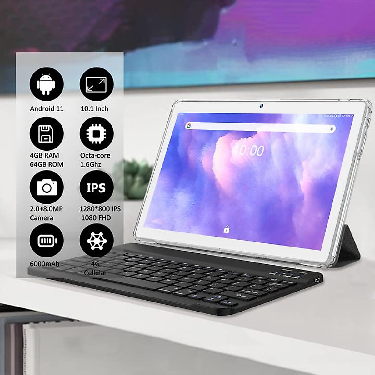 2024 Newest 10.1 Inch Android Tablet With Keyboard - 5G WIFI Tablets Ultra-Portable- RAM 4GB | ROM 64GB 128GB Expandable -6000mAh | Dual Camera | Bluetooth 5.0| 1080FHD | GPS | Mouse/Stylus-Silver