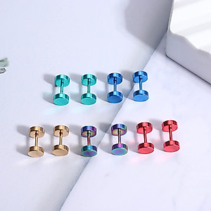 THUNARAZ 8Pairs Stainless Steel Dot Earrings For Men Women Tunnel Punk Style Stud Earrings Unisex Rainbow Piercing Plugs Screwback Earrings 6/7/8mm