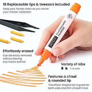 ARTEZA Glass Board Markers, Pack of 18, 10 Classic and 8 Neon Colors for Whiteboards and Windows, Erasable Dry Erase Markers, Office, School Supplies