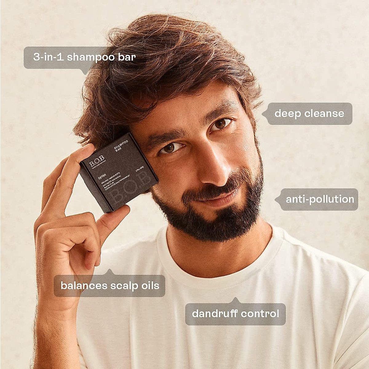 B.O.B BARS OVER BOTTLES Detox Solid Shampoo Bar | For Man | 3 in 1: Hair, Beard & Body Wash | Flaky Scalp, Haircare | Dandruff Control | Natural, Vegan | Plastic Free | Waterless & Zero Waste