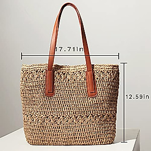 ZNMDOK Beach Bag Straw Handbags For Women Summer Beach Woven Shoulder Bag (Khaki)