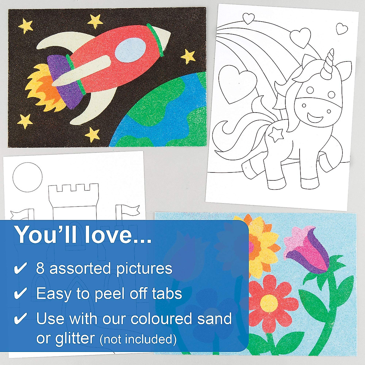 Baker Ross AR571 Sand & Glitter Art Pictures - Pack of 8, for Children to Decorate and Display, Ideal Kids Arts and Crafts Project for School or at Home