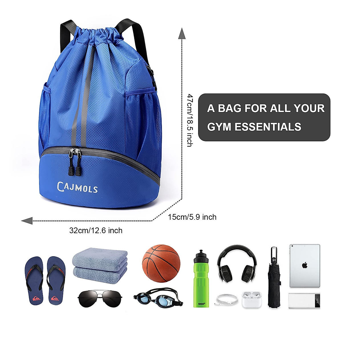 Cajmols Drawstring Backpack with Ball Compartment Water Resistant Sport Equipment Bag for Soccer Volleyball Baseball Softball Football Yoga Swimming (Q-Blue)