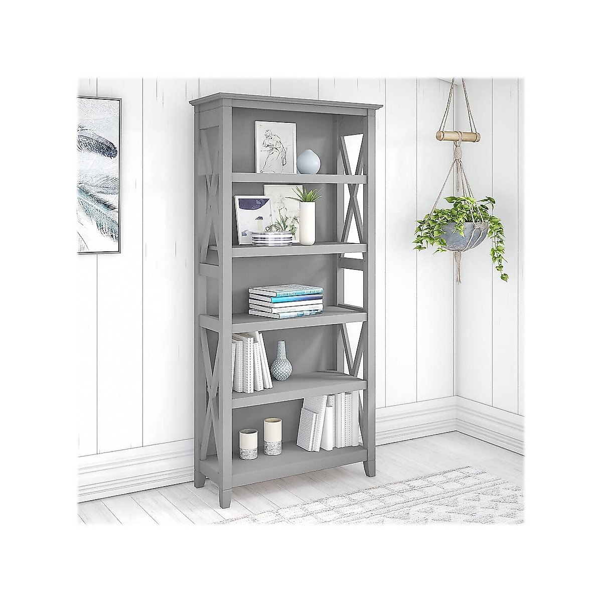Bush Furniture Key West Bookcase Shelf in Cape Cod Gray | Farmhouse Bookshelf Display Cabinet for Library, Bedroom, Living Room, and Office