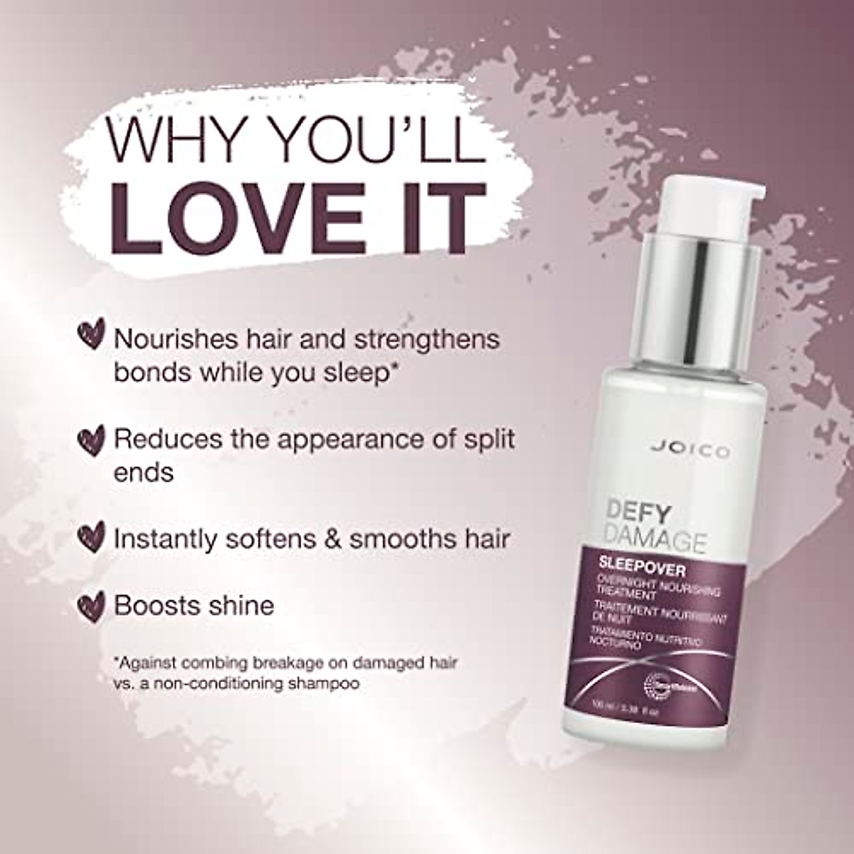 Joico Defy Damage Sleepover Overnight Nourishing Treatment | Instantly Softens & Smooths | Strengthen Bonds | Reduce Breakage & Split Ends | No Rinse Formula | With Arginine & Keratin | 3.38 Fl Oz
