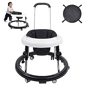 Double Push Handle Baby Walker, Foldable 9-Gear Height Adjustable Baby Walker with Wheels, Infant Toddler Walker with Foot Pads, Baby Walkers and Activity Center for Boys and Girls 6-24 Months…