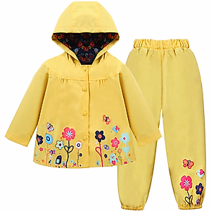 LZH Girl Baby Kid Waterproof Hooded Coat Jacket Outwear Suit Raincoat Hoodies with Pants Yellow 3T(For Age 2-3Y)