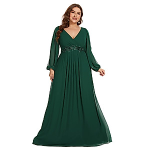 Ever-Pretty Plus Womens Floor-Length Plus Size A-line Ruched Dance Dress with Sleeves Green US18