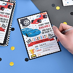 WERNNSAI 20 Count Racing Car Party Invitation with Envelopes - Race Car Party Supplies for Boys Birthday Baby Shower Graduation Fill-in Style Racing Invite Cards