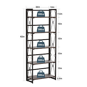 VECELO Bookshelf, 5 Shelf Folding Bookcase No Assembly, Industrial Metal Freestanding Shelves Rack Organizer for Living Room, Office, Bedroom, Kitchen, Set of 2, Dark Brown