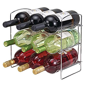 mDesign Metal Wire Free-Standing Water Bottle Rack - Storage Organizer for Kitchen Countertops, Pantry, Fridge - 3 Levels, Holds 9 Bottles - 2 Pack - Chrome
