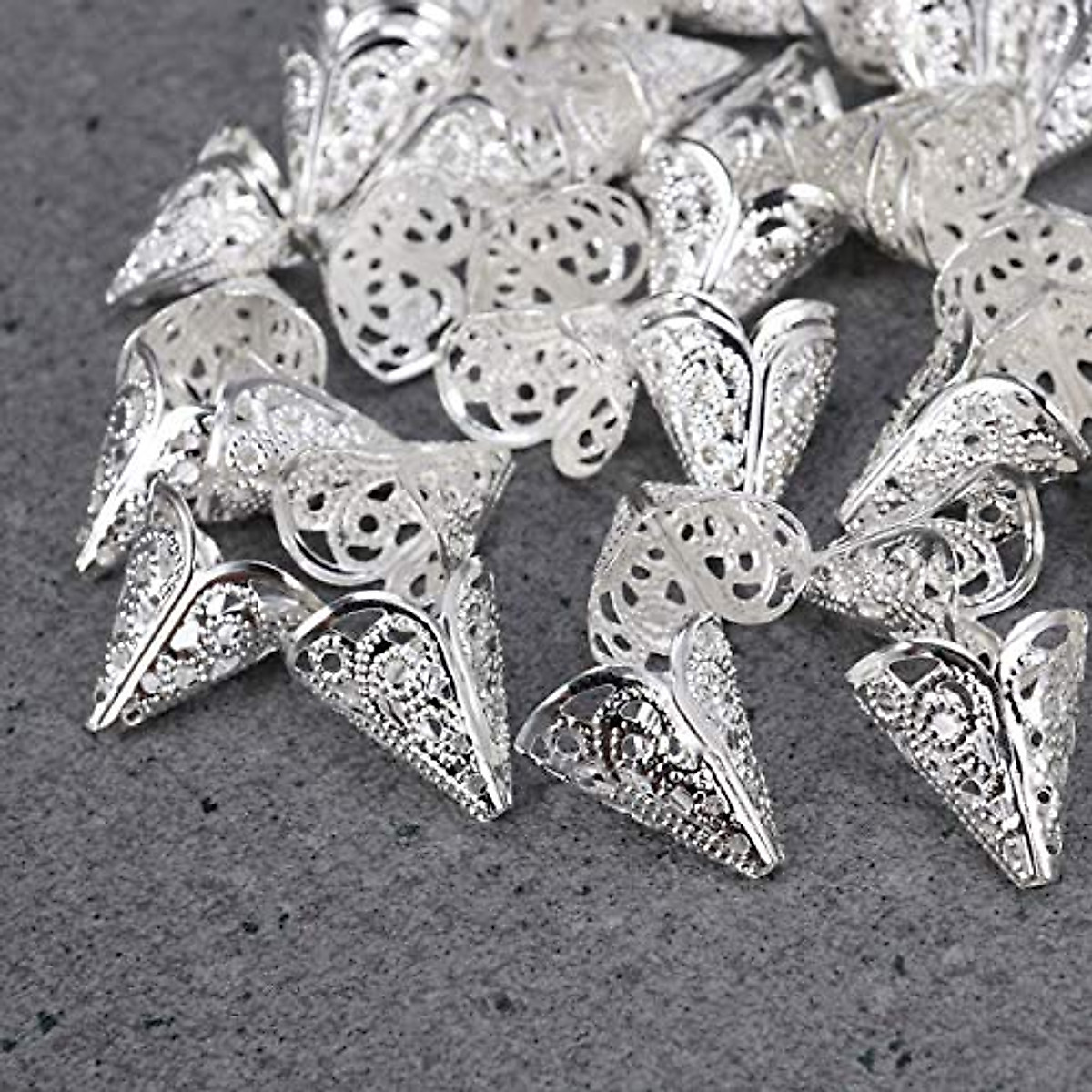 Artibetter 50pcs Metal Flower Filigree Bead Cones Jewelry End Caps Spacer Beads Jewelry Findings Charms for DIY Craft Bracelet Necklace Making 15x16mm (Silver)