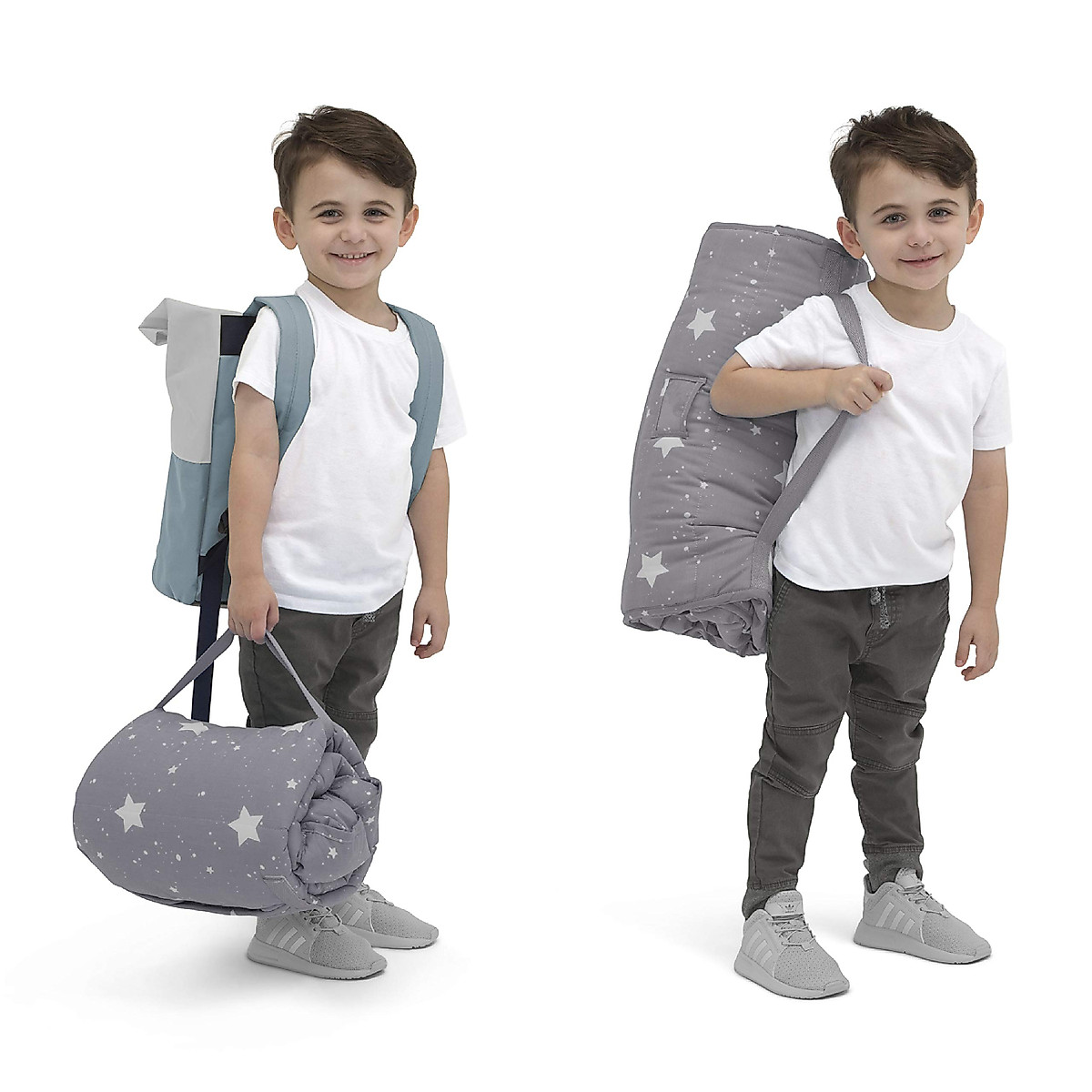 Delta Children Nap Mat with Included Pillow and Blanket for Toddlers and Kids; Features Carry Handle with Strap Closure and Name Tag; Rollup Design is Ideal for Preschool and Daycare, Dusty Skies