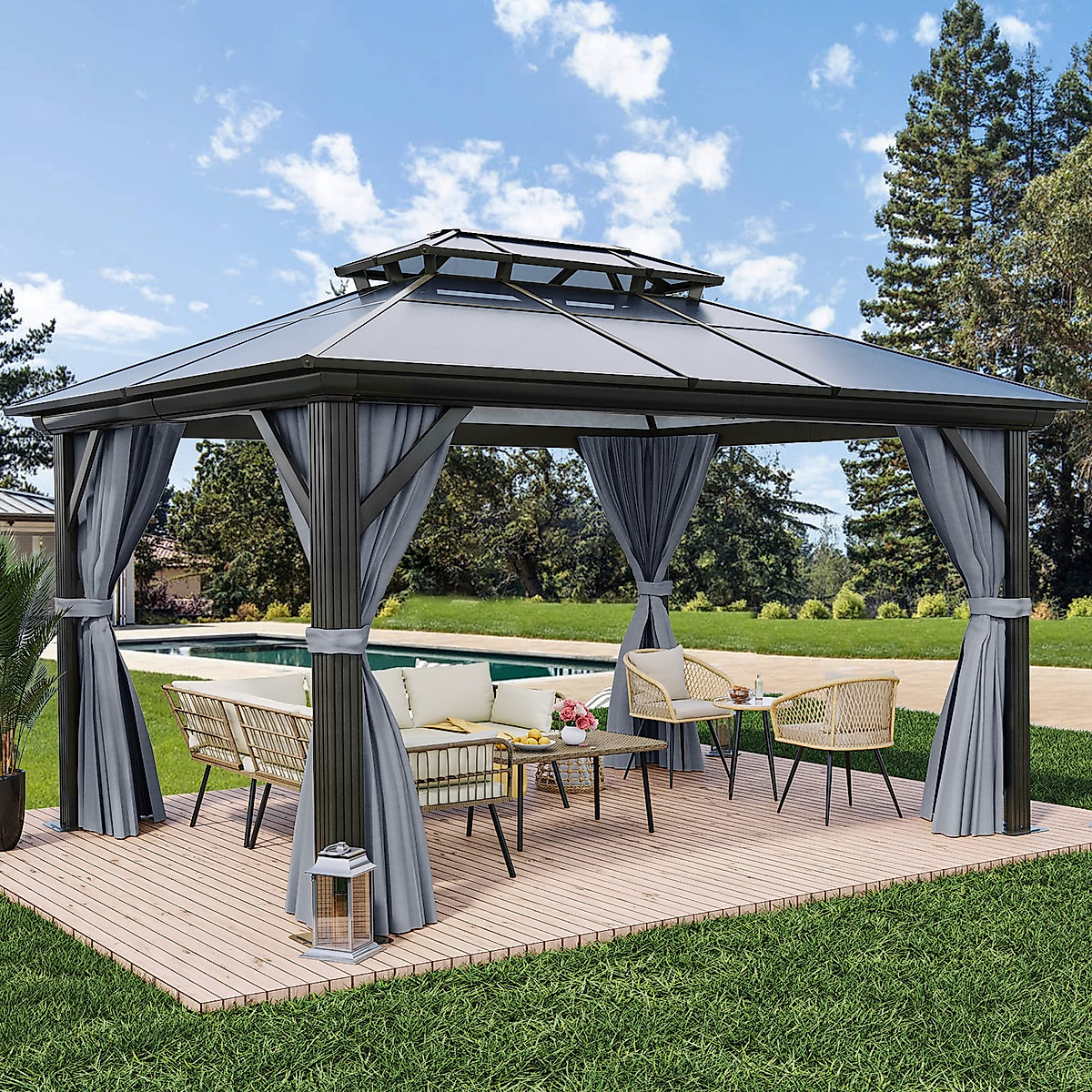 YITAHOME 10x12FT Hard-Top Gazebo Double Roof Canopy Outdoor with Netting and Shaded Curtains, Aluminum Frame Polycarbonate Hardtop Garden Tent for Patio, Backyard, Deck and Lawns, Gray