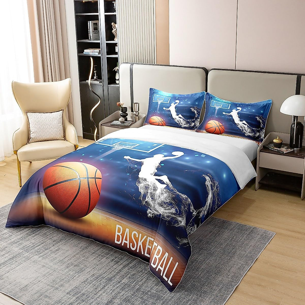 Erosebridal 100% Cotton Boys Basketball Duvet Cover Queen,Basketball Player Bedding Set for Kids,Competitive Sports Game Bed Cover,Modern Basketball Court Bed Sets with 2 Pillowcases