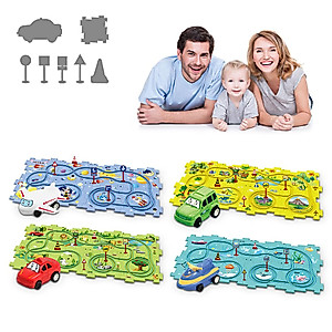 DIY Assembling Electric Trolley, Children's Educational Track Car Set, Toddler Puzzle Track Play Set with Vehicles, Rail Car Building Toys Puzzle DIY Electric Train Track for Kids (15PCS, 4 Sets)