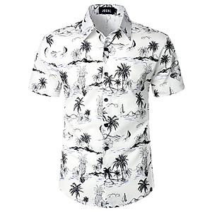 JOGAL Men's Flower Cotton Button Down Short Sleeve Hawaiian Shirt White XX-Large