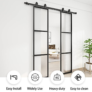 JUBEST 36 x 84 Inch Double Barn Door with 6FT Hardware Kit and Soft Close Mechanism Include, 2 Sets of 18in x 84in 3-Paneled Frosted Glass with Carbon Steel Frame Barn Door, Easy to Install