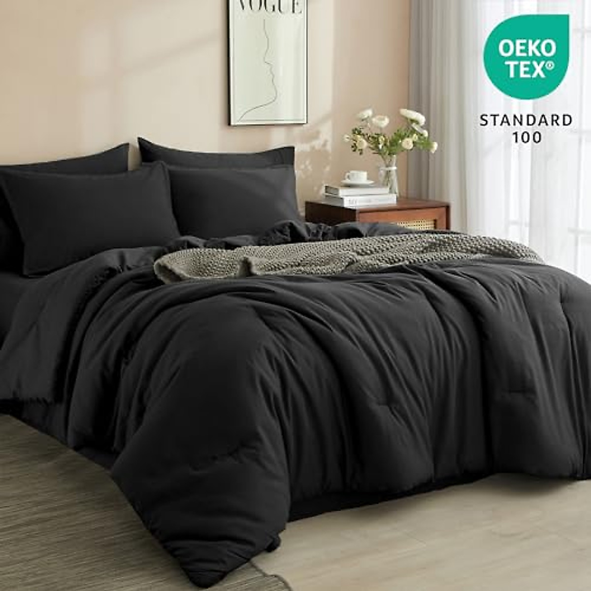 PHF 7 Pieces California King Comforter Set, Bed in A Bag Comforter & 16" Sheet Set All Season, Ultra Soft Comfy Bedding Sets with Comforter, Sheets, Pillowcases & Shams, Black