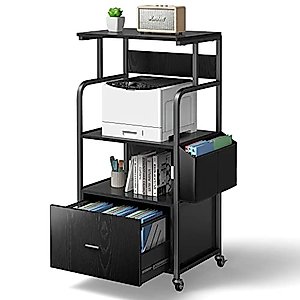 Bealife 3 Tier Home Office Printer Stand with Drawer,Side Canvas Bag, Metal Hook, Tall Mobile Printer Rack Cart with Ample Storage Space, Durable Lockable Casters, Multifunctional in Use - Black