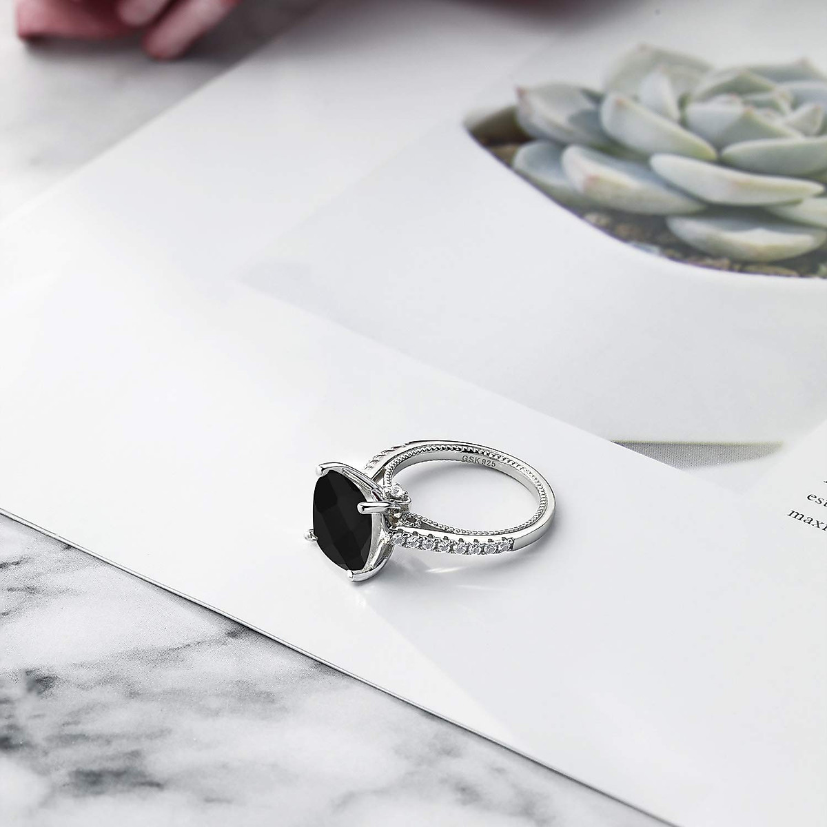 Gem Stone King 925 Sterling Silver Black Onyx and White Created Sapphire Engagement Ring For Women (4.07 Cttw, Cushion Checkerboard Cut 10MM, Gemstone Birthstone, Available In Size 5, 6, 7, 8, 9)