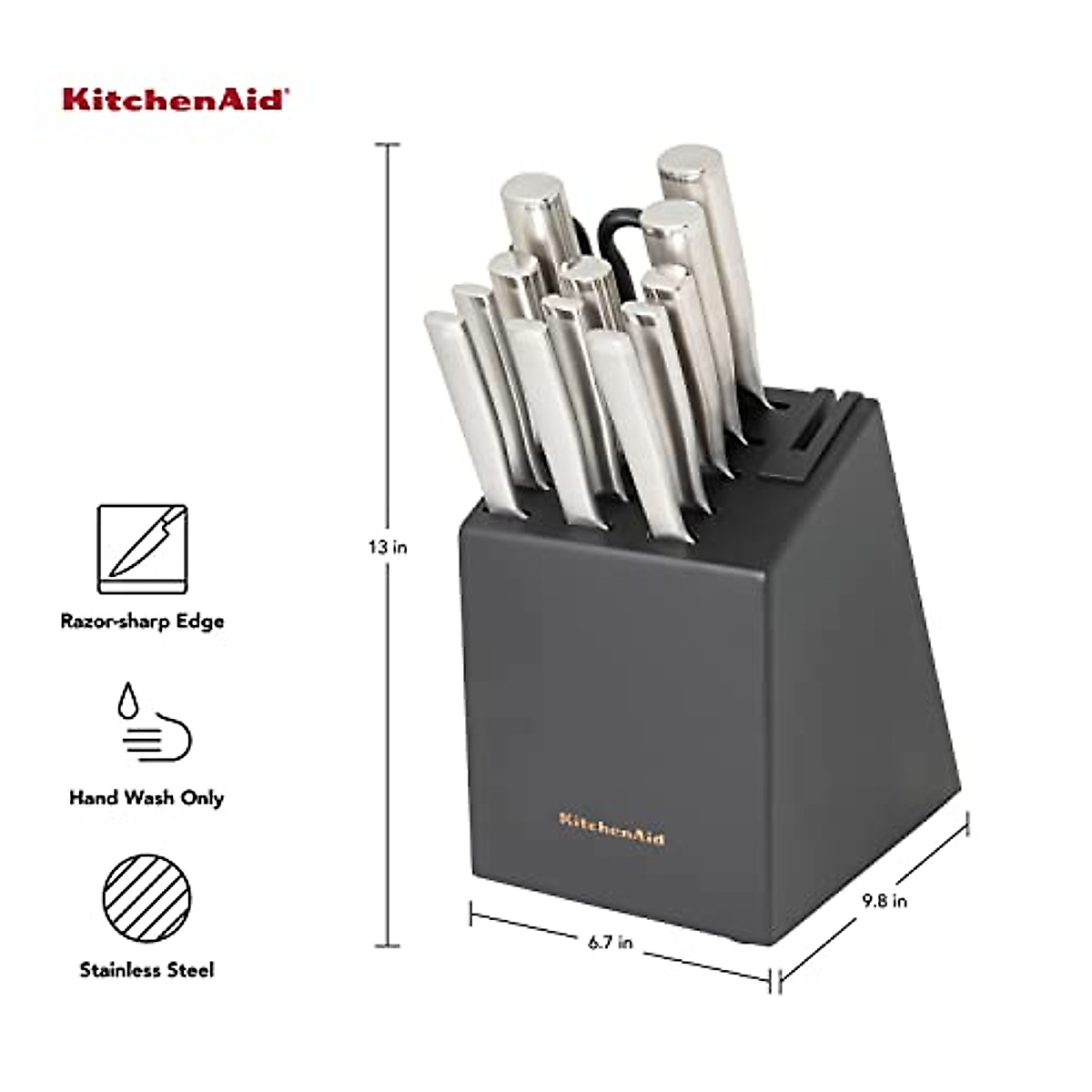 KitchenAid Gourmet Forged Stainless Steel Knife Block Set with Built-in Knife Sharpener, High-Carbon Japanese Stainless Steel Kitchen Knives, Sharp Kitchen Knife Set with Block, 14 Piece, Black