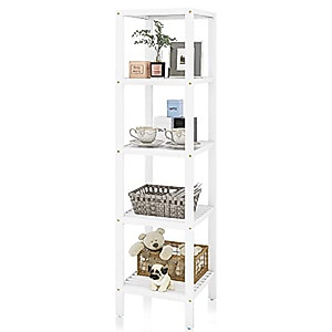 SMIBUY Bathroom Storage Shelf, 5-Tier Bamboo Rack Organizer, Multifunctional Shelving Unit for Living Room Bedroom Kitchen (White)