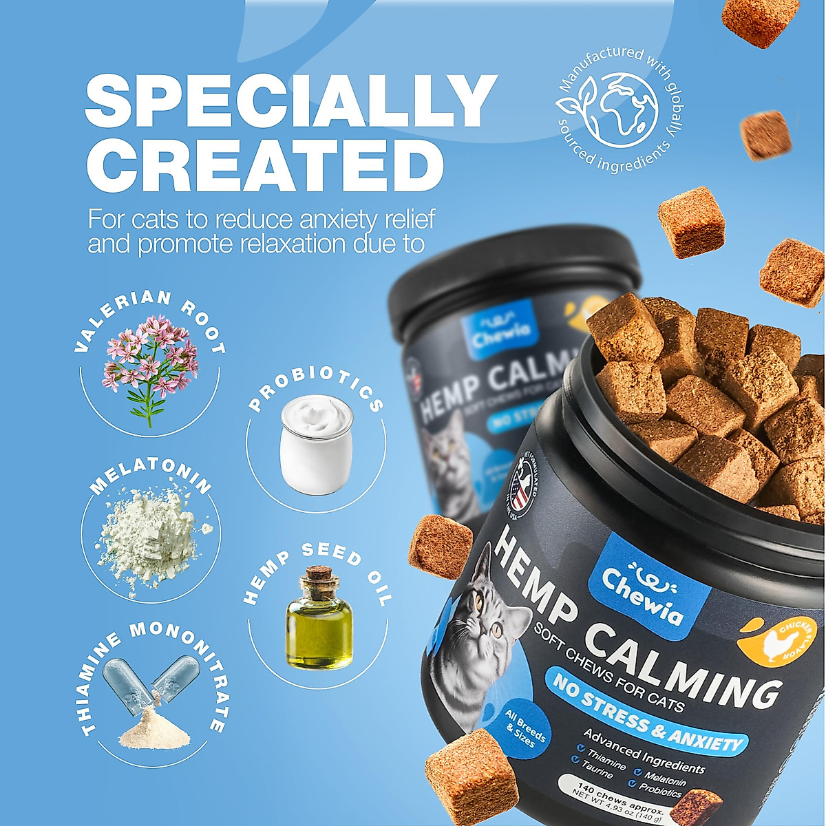 Cat Calming Treats - Hemp Calming Care for Cats - Cat Melatonin Soft Chews with Hemp Seed Oil and Probiotics - Cat Anxiety Relief - Storms, Travel, Grooming, Separation - Calming Chews for Cats