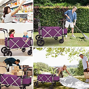 Unichart Push Wagon Stroller 2 Passenger Flodable Baby Stroller with Adjustable Handle Bars, Rain Cover, Carrying Bags & Basket, Double Seats with 5-Point Harness(Large, Purple)