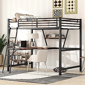 Full Size Metal Loft Bed with MDF Desk and Storage Shelf, Multifunctional Loft Bed with Ladder and Guard Rail, Space Saving, No Box Spring Needed for Boys Girls Teens Adults (Black, Full)