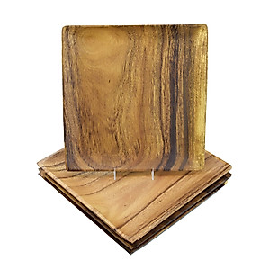 Pacific Merchants Acaciaware Acacia Wood Square Plate, Set of 4, 12" by .75". Sustainable, Hand Made, Large Square Tray For Charcuterie, Appetizers, Cheese, Sushi.