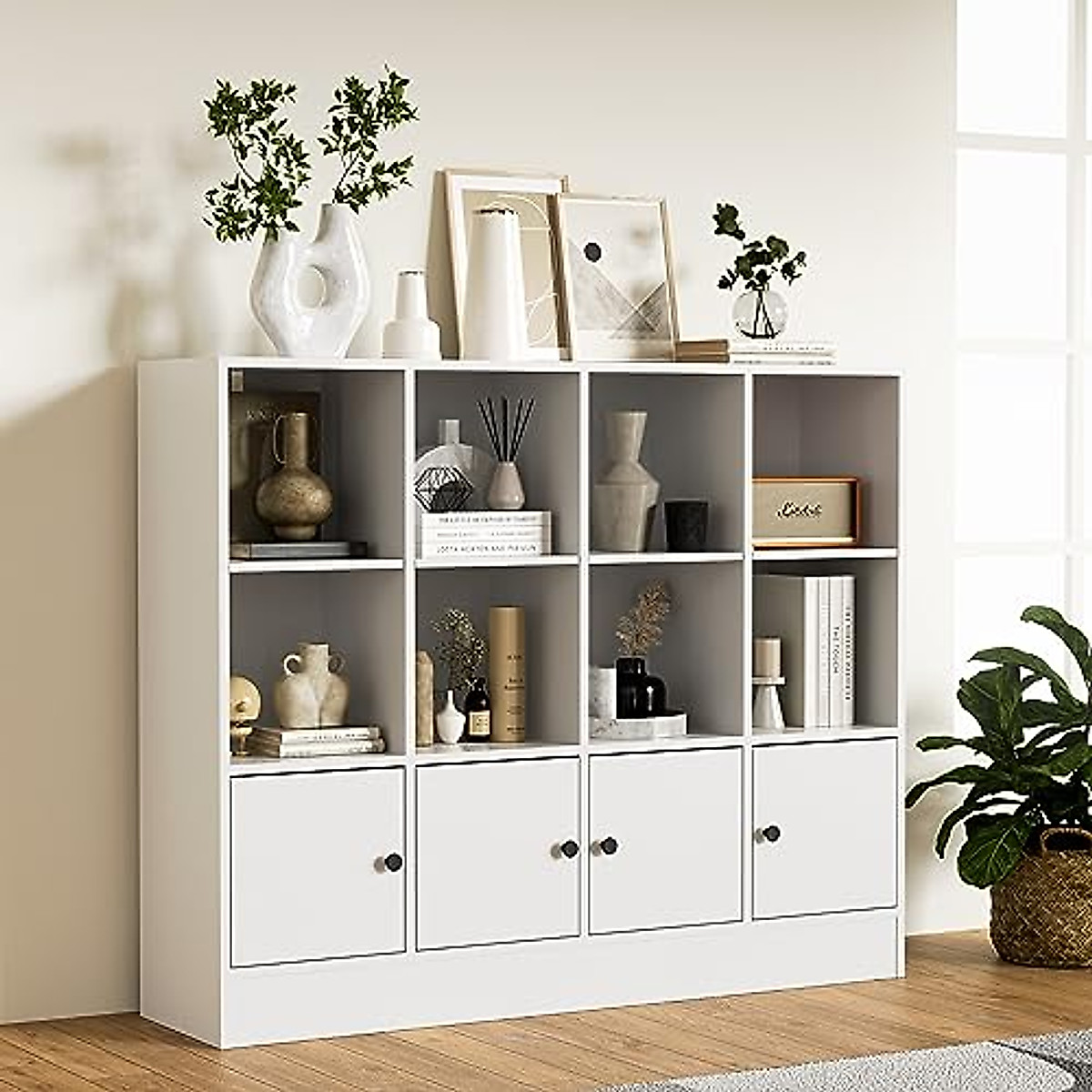 Anystyle White 12 Cube Bookshelf, 3-Tier Bookcase Storage Cabinet with 4 Doors for Bedroom, Living Room