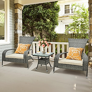 Tangkula 3-Piece Wicker Adirondack Set, Ergonomic Oversized Rattan Chairs w/Coffee Table, Comfy Seat Cushions, Tempered Glass Tabletop, Patio Wicker Conversation Set for Porch (Wicker, 3-pc)