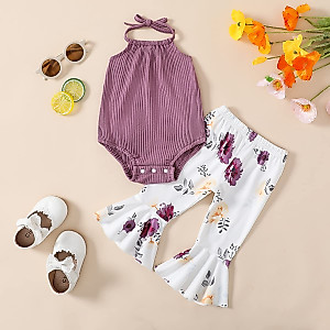 ADXSUN Newborn Baby Girl Summer Clothes Ribbed Romper+Striped/Floral/Cow Flared Pants Infant Outifts 0-18 Months