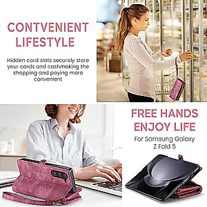 phone flip case Wallet Case Compatible with Samsung Galaxy Z Fold 5,2 in 1 Detachable Premium Leather Magnetic Zipper Pouch Wristlet Flip Phone Case,Matte Soft Leather+TPU Bottom Shell Case W Card Hol