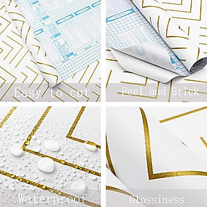 Heroad Peel and Stick Wallpaper Geometric Wallpaper Gold and White Contact Paper Self Adhesive Removable Wallpaper for Cabinets Walls Countertop Waterproof Thicken Vinyl 78.7"x17.3"