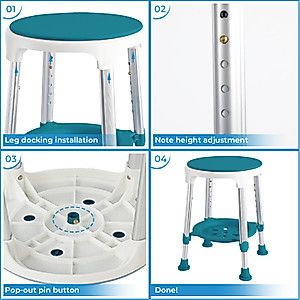 KSITEX Shower Stool Chair for Inside Shower, Upgrade Small Corner Plastic Stool for Seniors Adult, 360° Swivel Shower Stool Seat for Bathroom, 6-Level Adjustable Height Bath Chair Stools with Shelf
