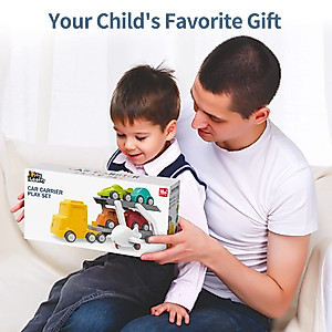 iPlay, iLearn Toddler Car Toys for 2-3 Year Old, Transport Carrier Trucks W/ 5 Small Vehicles, Kids Push Go Trailer Truck, Christmas Stocking Stuffers Birthday Gifts for 18 Months Boys Girls Children