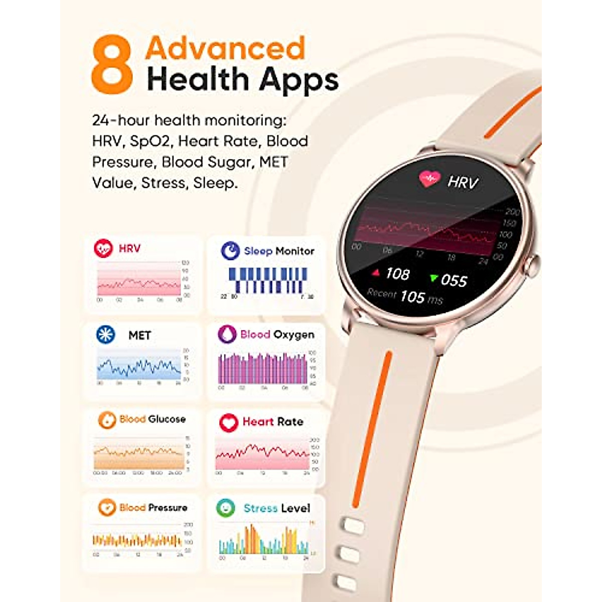 HYSTORM Health Smart Watches for Women, 1.43" AMOLED Always-on Display Fitness Tracker Smart Watch with Bluetooth Call, 8 Health Apps Blood Glucose HRV Monitor Waterproof Smartwatch for Android iOS