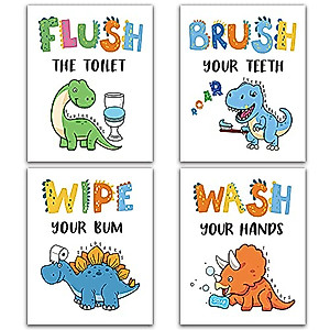 Dinosaur Bathroom Decor, Funny Dinosaur Themed Bathroom Inspirational Quotes Art Print Humorous Quotes Painting, Toilet Rules Art Picture for Kids Nursery Washroom Bathroom Decor, Set of 4 (8”X10”), Unframed