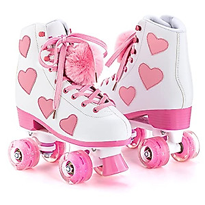 Ruthfot Women's and Girl's Classic Roller Skates with Light up Wheels and Love Heart Pattern, High-top PU Leather Rollerskates