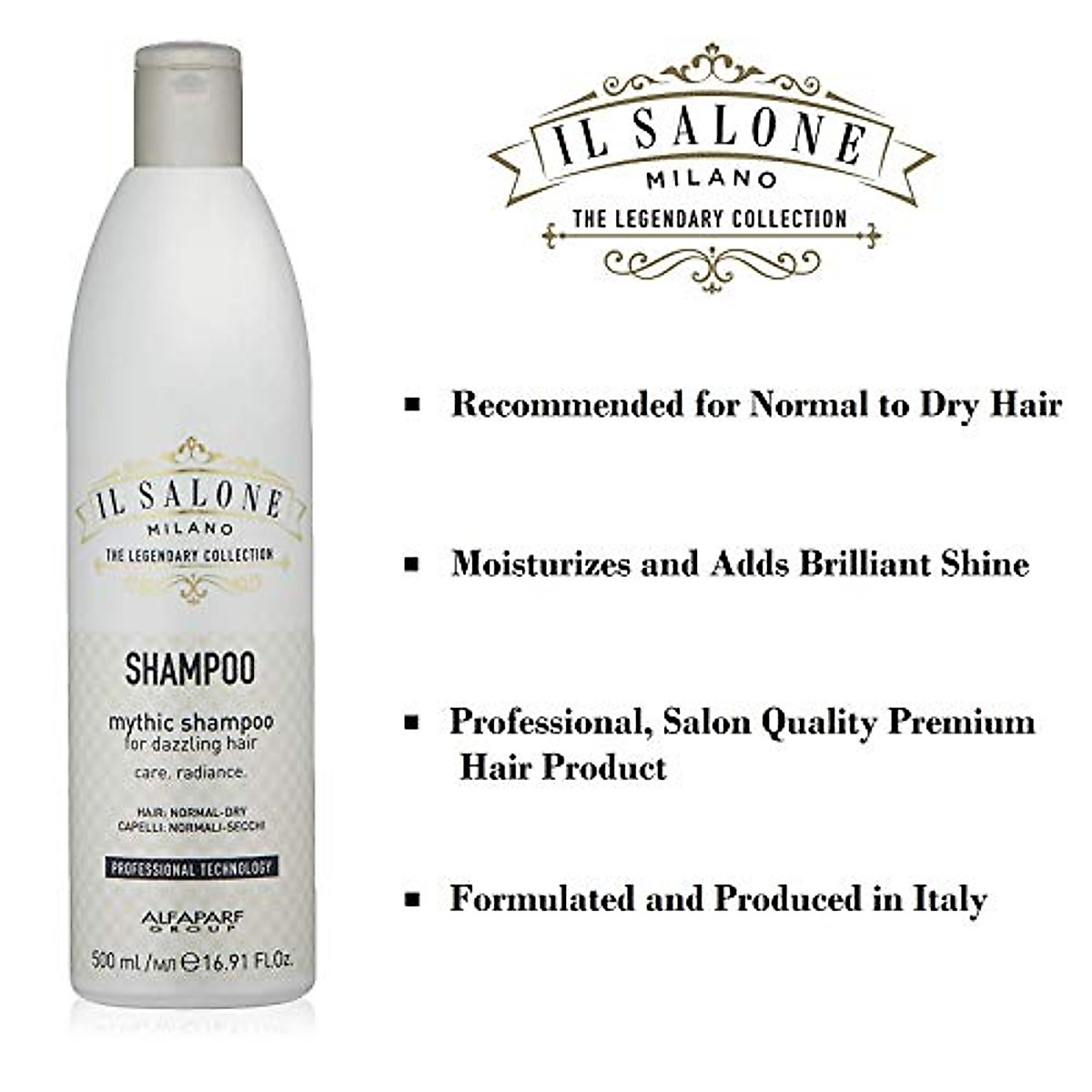 Il Salone Milano Professional Mythic Shampoo for Normal to Dry Hair - Moisturizes and Adds Shine - Premium Quality - 16.91 Fl. Oz / 500ml