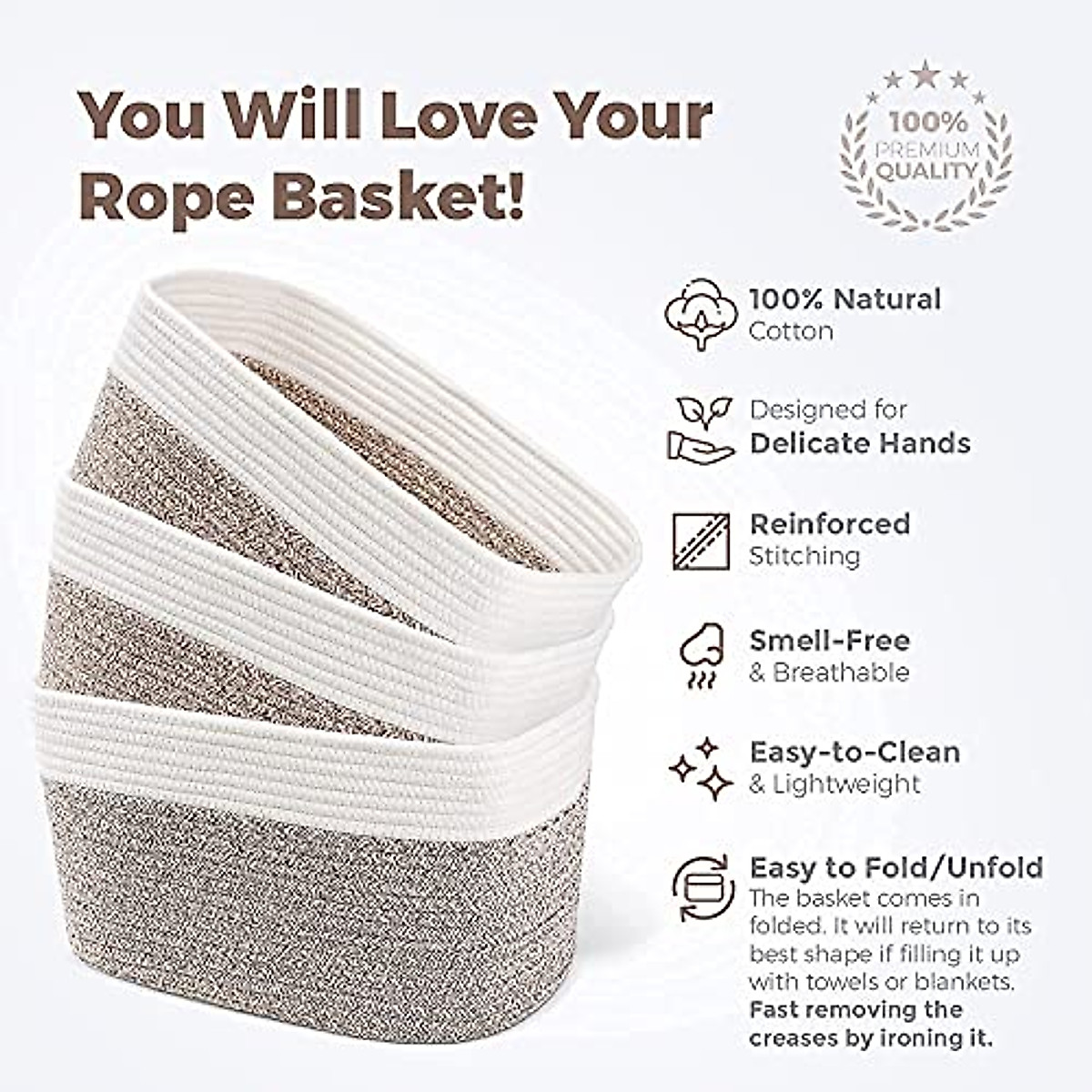 Cotton Rope Basket for Storage | 15"x10"x9" Set of 3 Large Storage Baskets for Organizing with Handles, works as Cloth Baskets, Blanket Basket, Big Woven Laundry Basket or Black Toy Bin like White Wicker Laundry Baskets