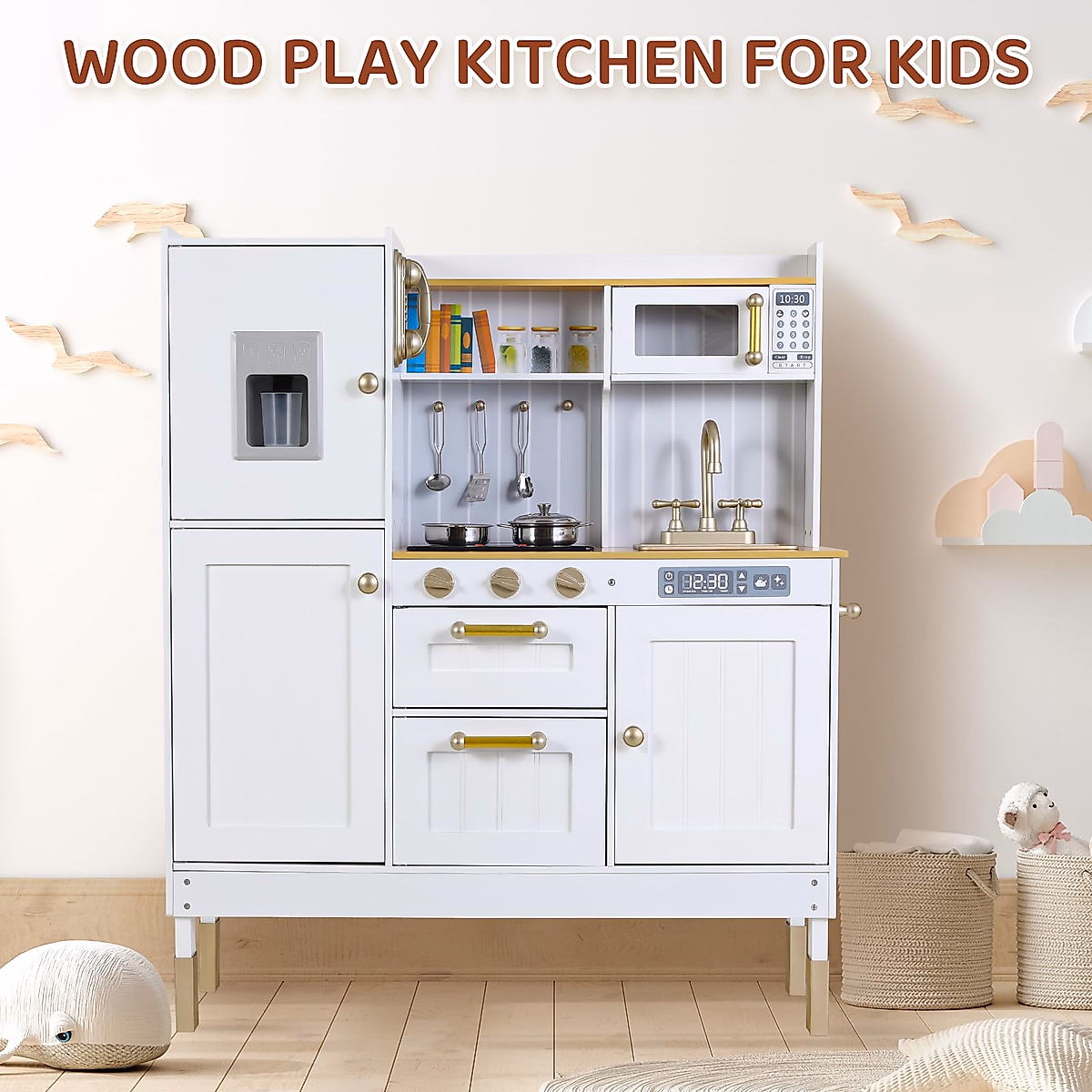 Clevich Play Kitchen, Wooden Kids Kitchen Playset, Pretend Chef Cooking Toy Set w/Realistic Lights & Sounds, Ice Maker, Telephone, Kitchen Accessories, Height Adjustable for Boys Girls Age 3+