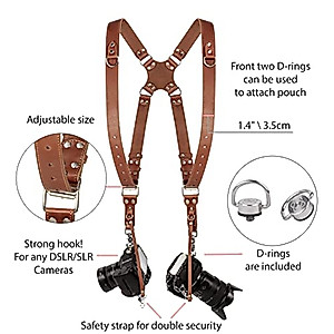 Camera Strap Accessories for Two-Cameras – Dual Shoulder Leather Harness – Multi Camera Gear for DSLR/SLR Strap by Coiro