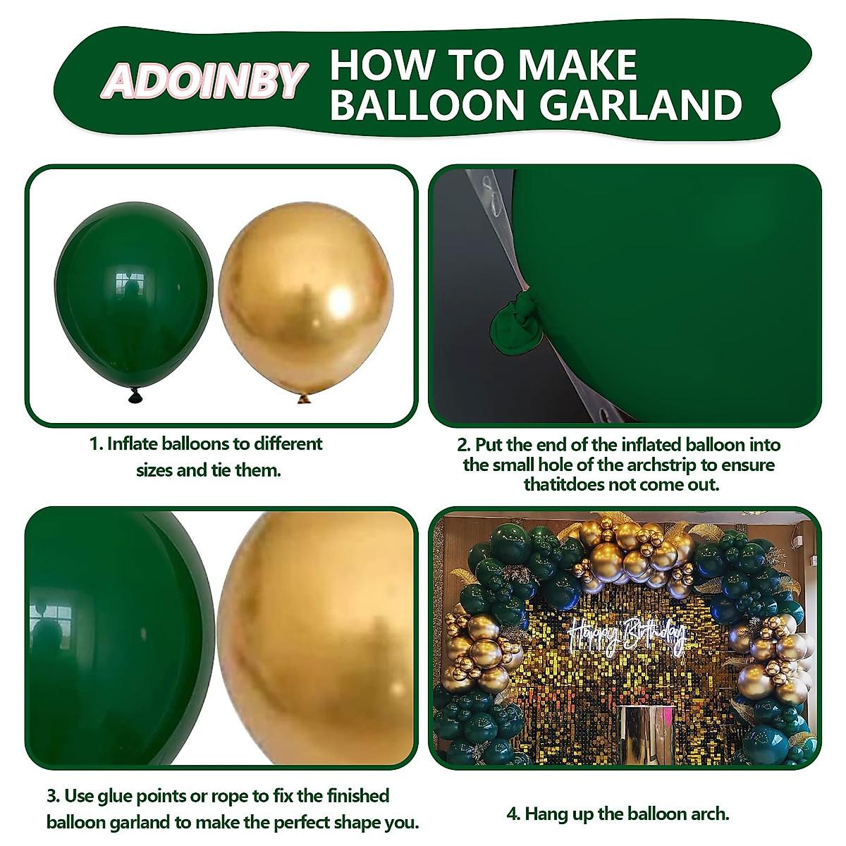 ADOINBY Green and Gold Balloon Arch Kit, 140Pcs Emerald Forest Hunter Dark Green Metallic Gold Balloon Garland Kit for Wedding, Engagements, Birthday, Baby Shower, Anniversary Party Decorations