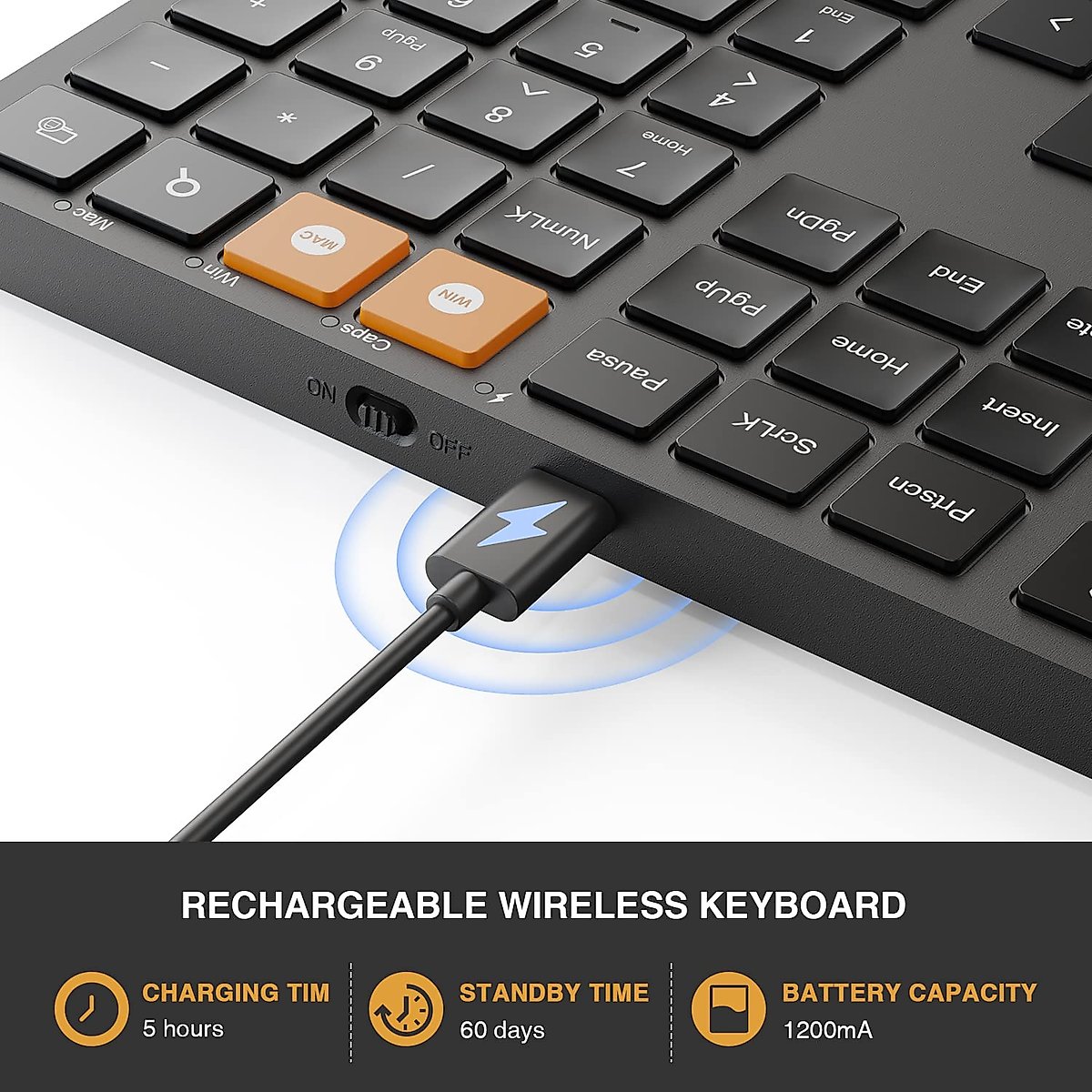 ProtoArc Backlit Wireless Keyboard, K100 2.4G Ultra Slim Wireless Illuminated Keyboard Full Size Silent Keyboard, Rechargeable, USB/Type C Connection, Natural Typing, Windows/Mac(Black)